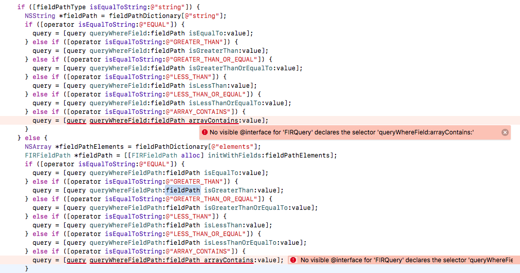 Error on build: No visible @interface for 'FIRQuery' declares the selector 'queryWhereFieldPath ...