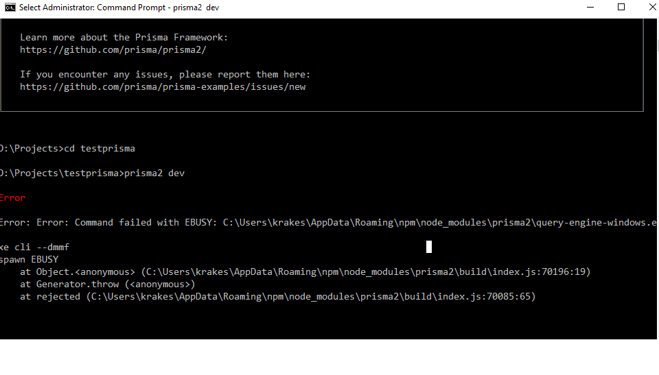 prisma2 dev error with sqlite on windows · Issue #1204 · prisma/prisma · GitHub