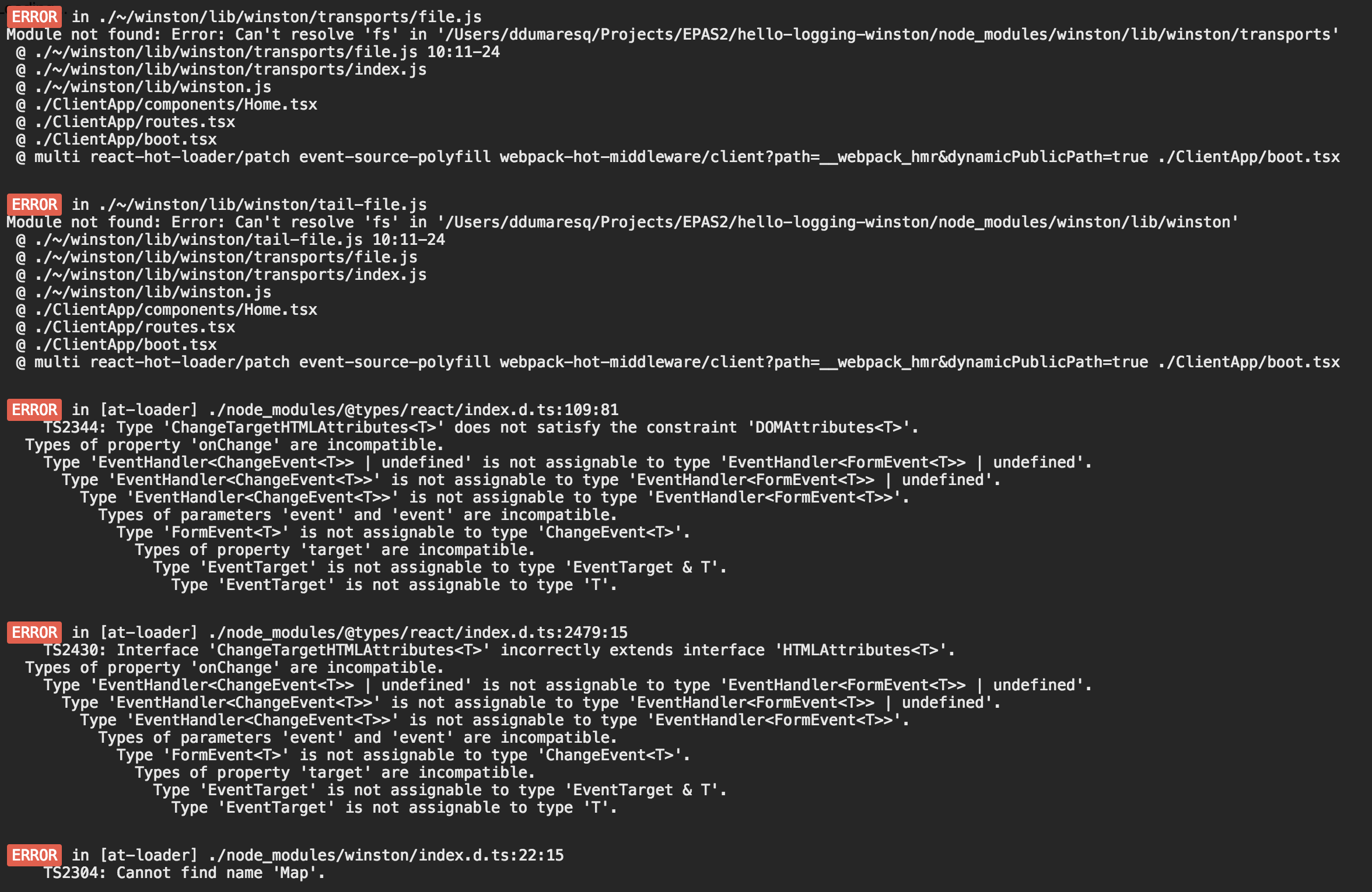 [ts] Property 'createLogger' does not exist on type '{}'. · Issue #1353 · winstonjs/winston · GitHub
