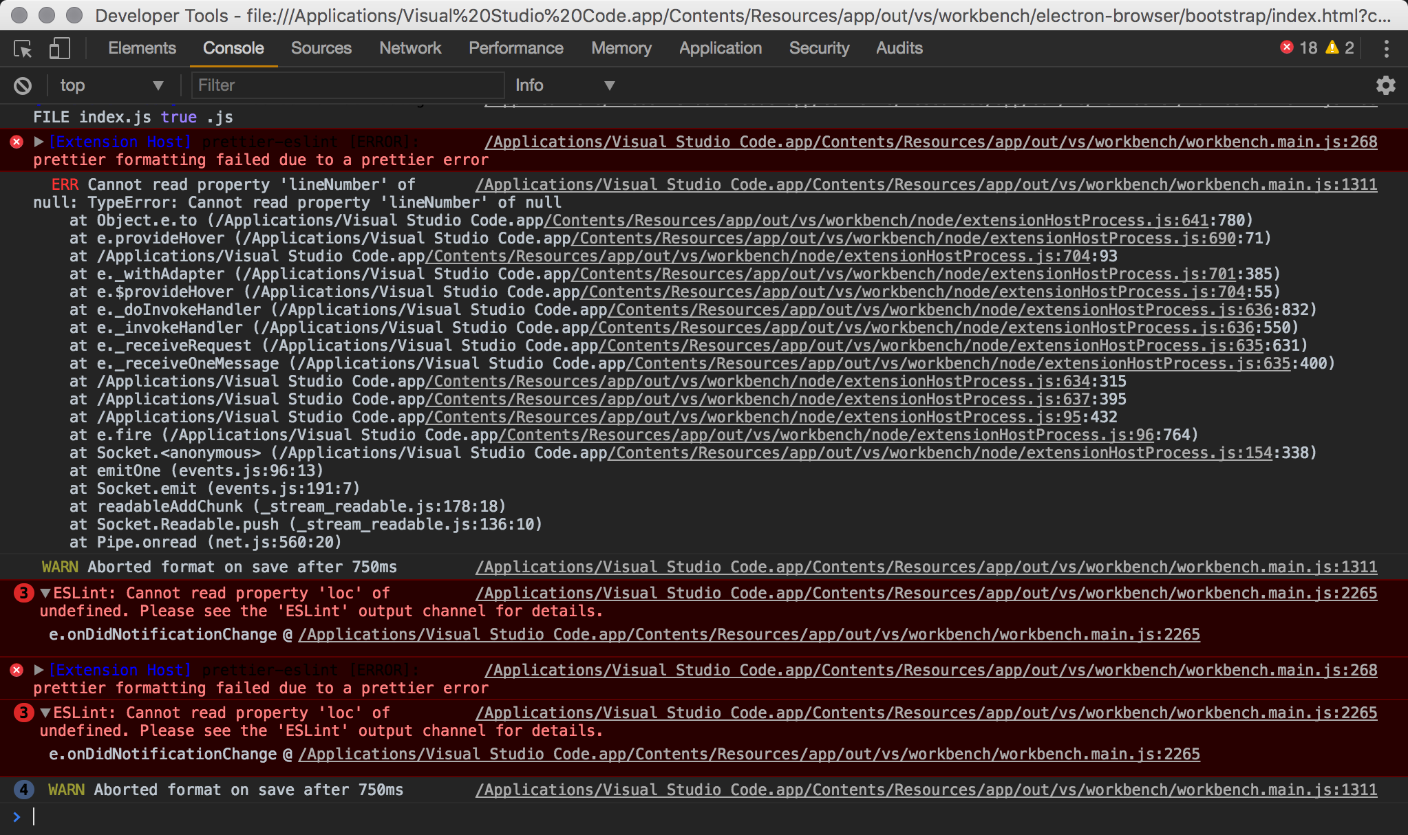 Cannot read property 'loc' of undefined. Please see the 'ESLint' output channel for details ...