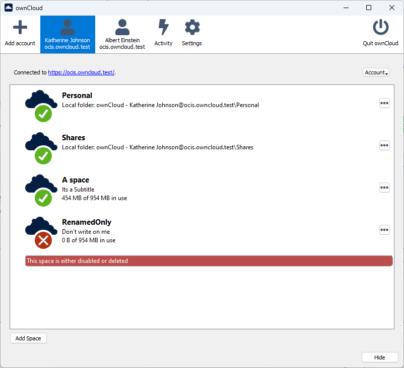 [QA] Improve display of deleted/disabled spaces · Issue #9700 · owncloud/client · GitHub