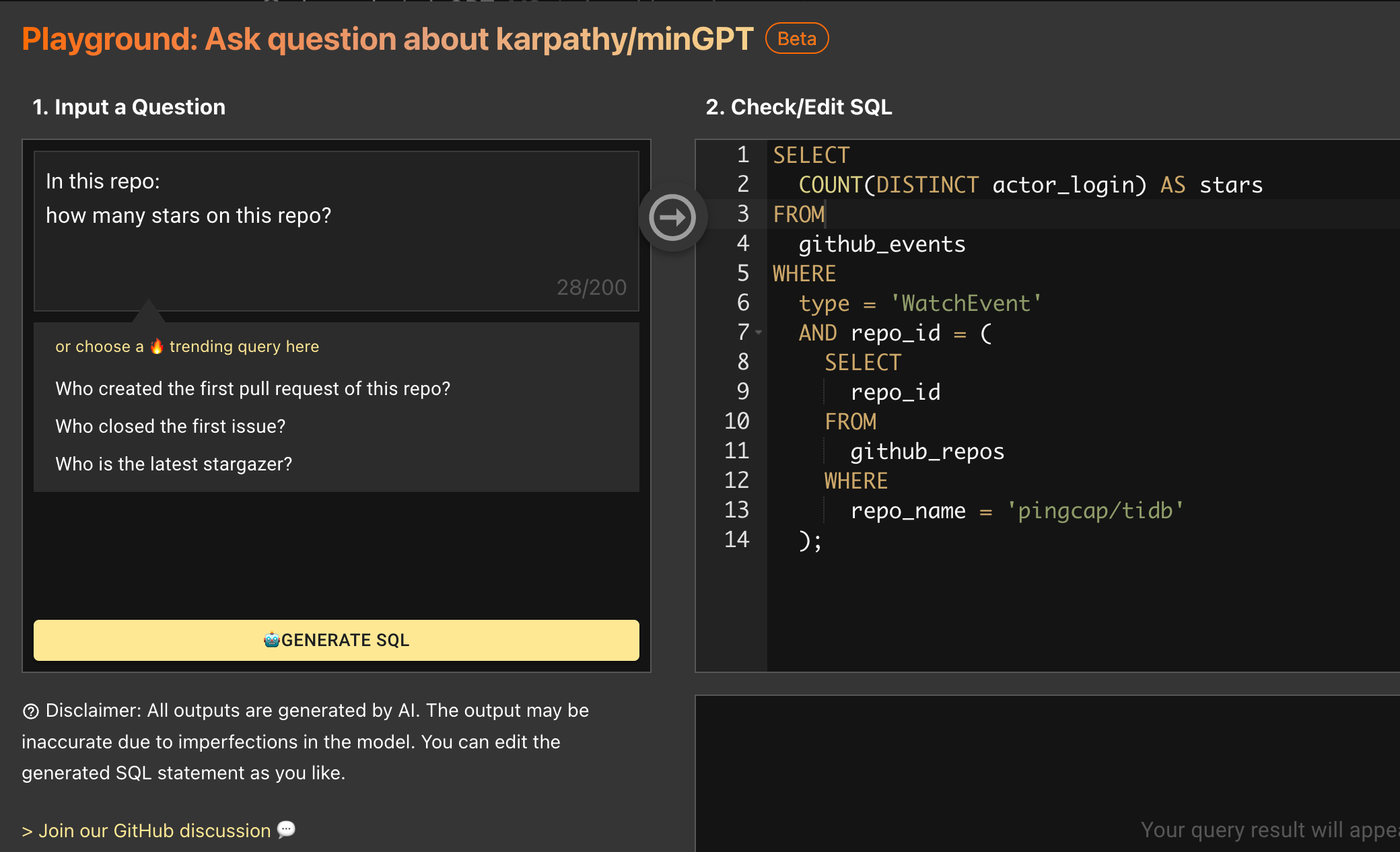 Unexpected Behavior on Playground: Ask question about xxx · Issue #1082 · pingcap/ossinsight ...