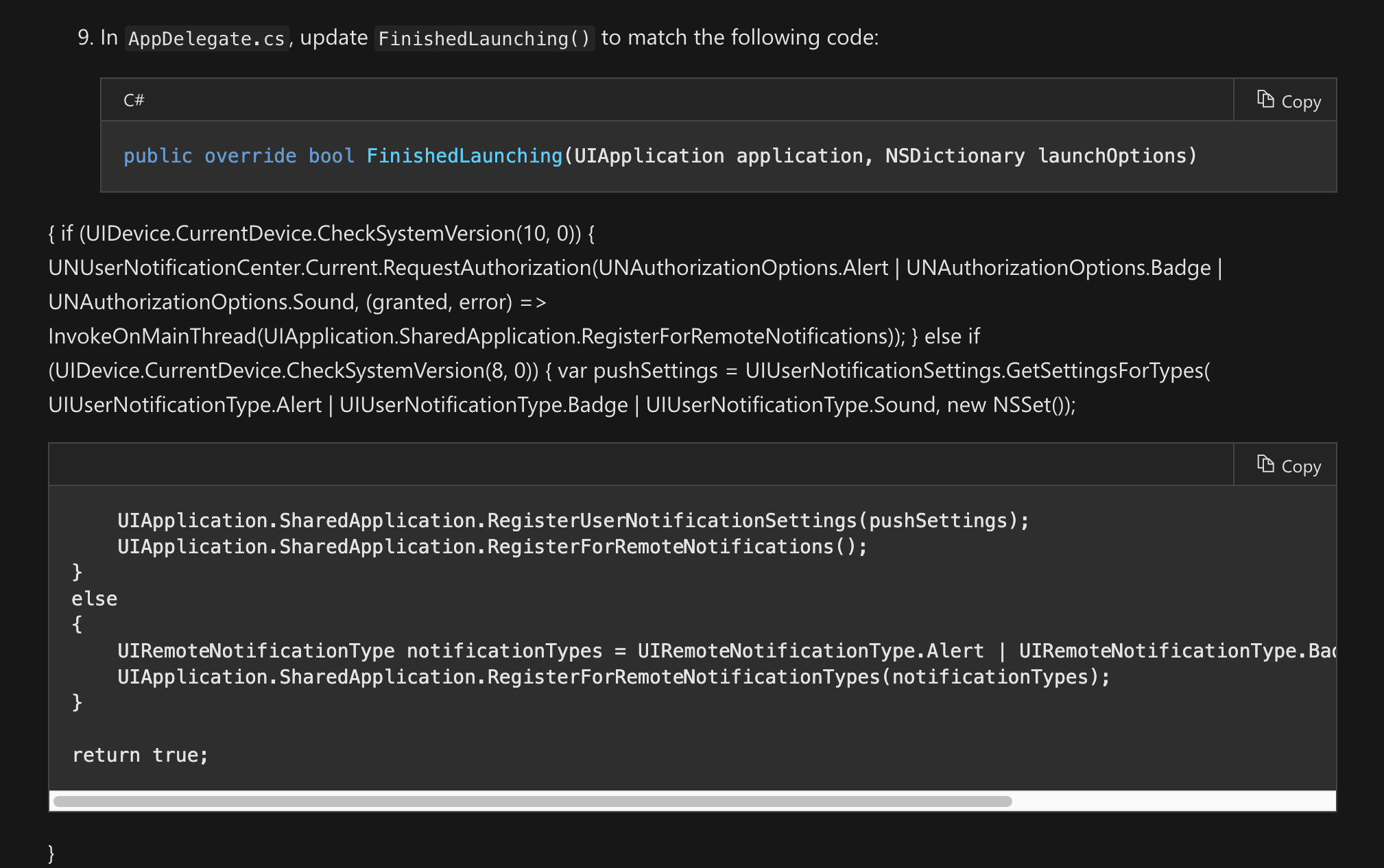 "Connect Your App... > Create a new Project > Step 9" code-block-UI ...