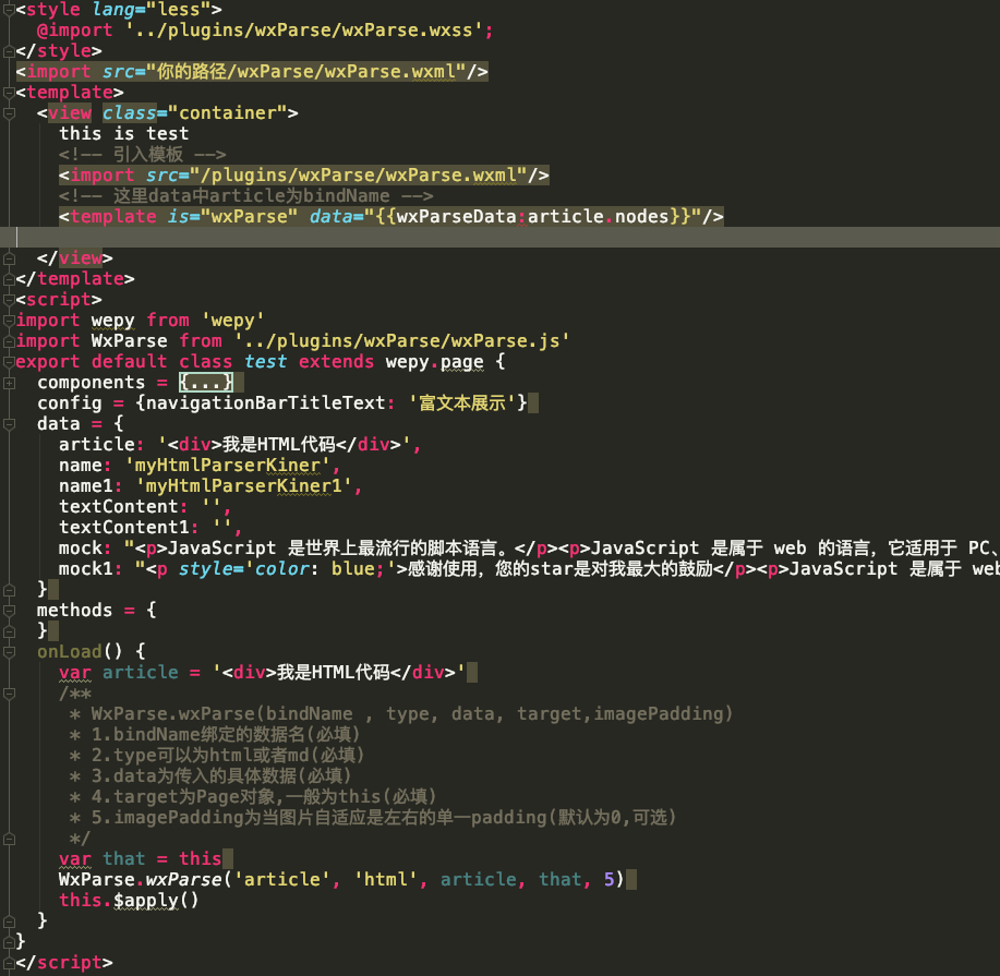 引入后 代码不报错 但是界面无法显示 所要处理的html 结构 （wepy框架） · Issue #316 · icindy/wxParse · GitHub
