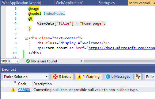 [Tooling] Razor C# 8 nullability enforcement warns for @model XYZ at ...