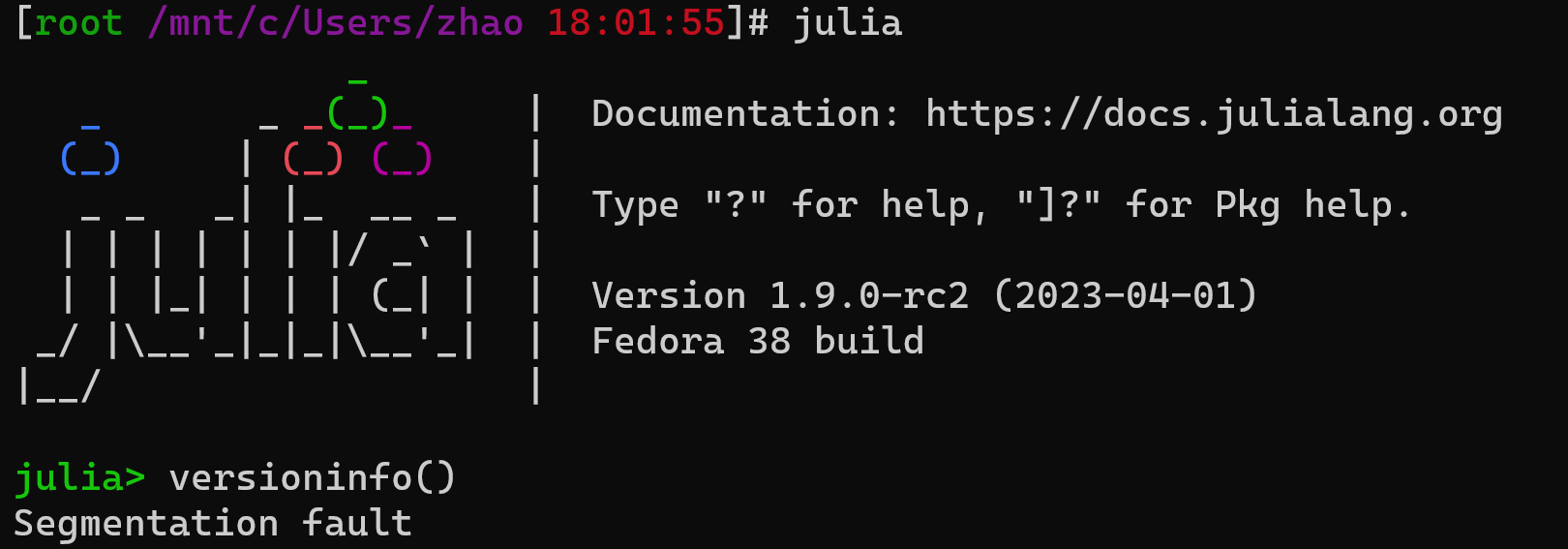 Julia 1.9.0-rc2 segmetation fault on Fedora 38 · Issue #49609 · JuliaLang/julia · GitHub