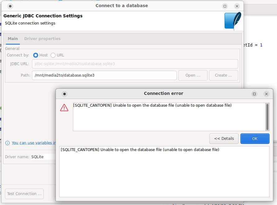 SQLITE_CANTOPEN upon opening a 74GB SQLite database · Issue #19838 · dbeaver/dbeaver · GitHub