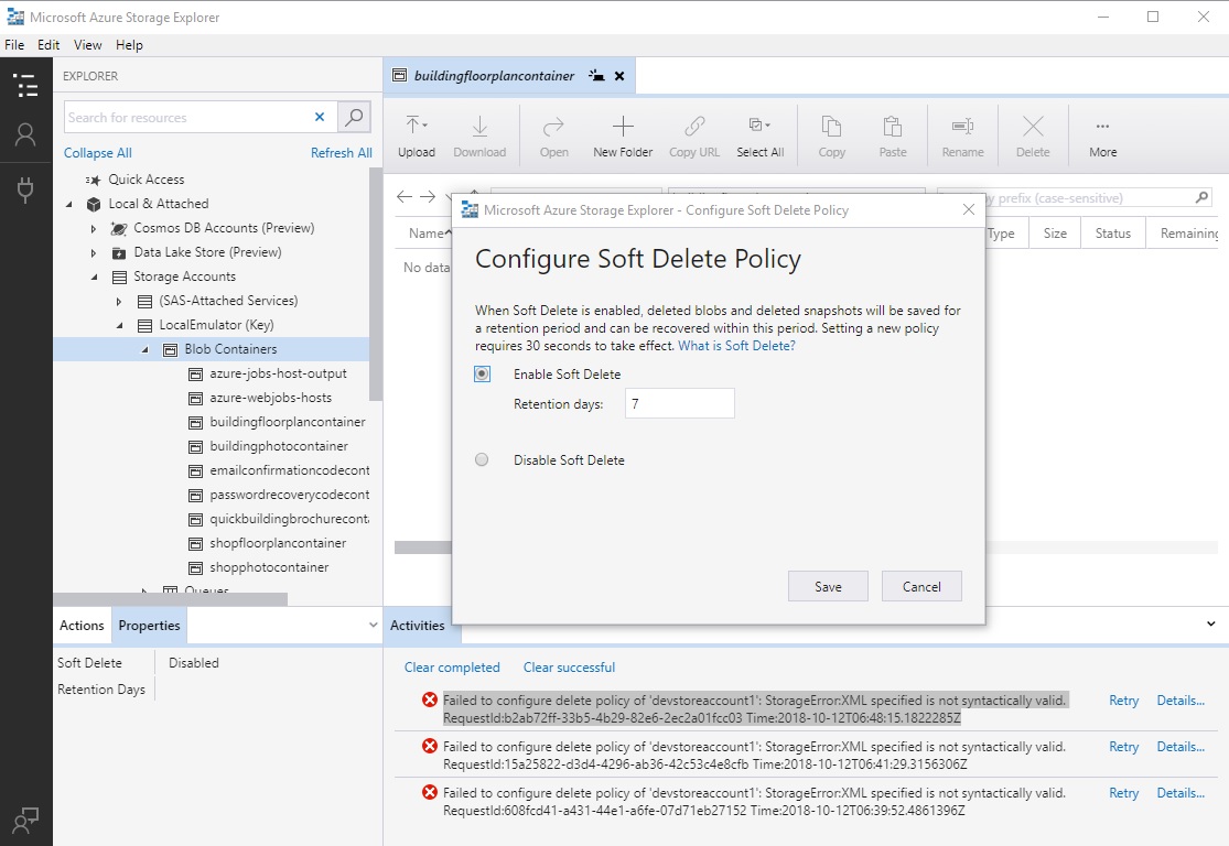 Configure Soft Delete Policy on Azure Emulator error: XML Specified is not syntactically valid ...