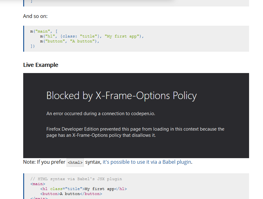 codepen's examples are blocked in https://mithril.js.org/ website · Issue #2584 · MithrilJS ...