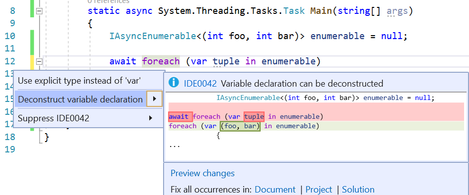 Deconstruct tuple drops await modifier on foreach · Issue #36074 · dotnet/roslyn · GitHub