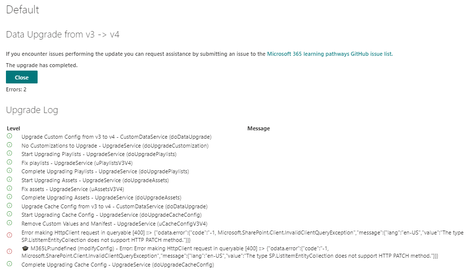 Updating the site page customlearningadmin.aspx received 2 errors ...