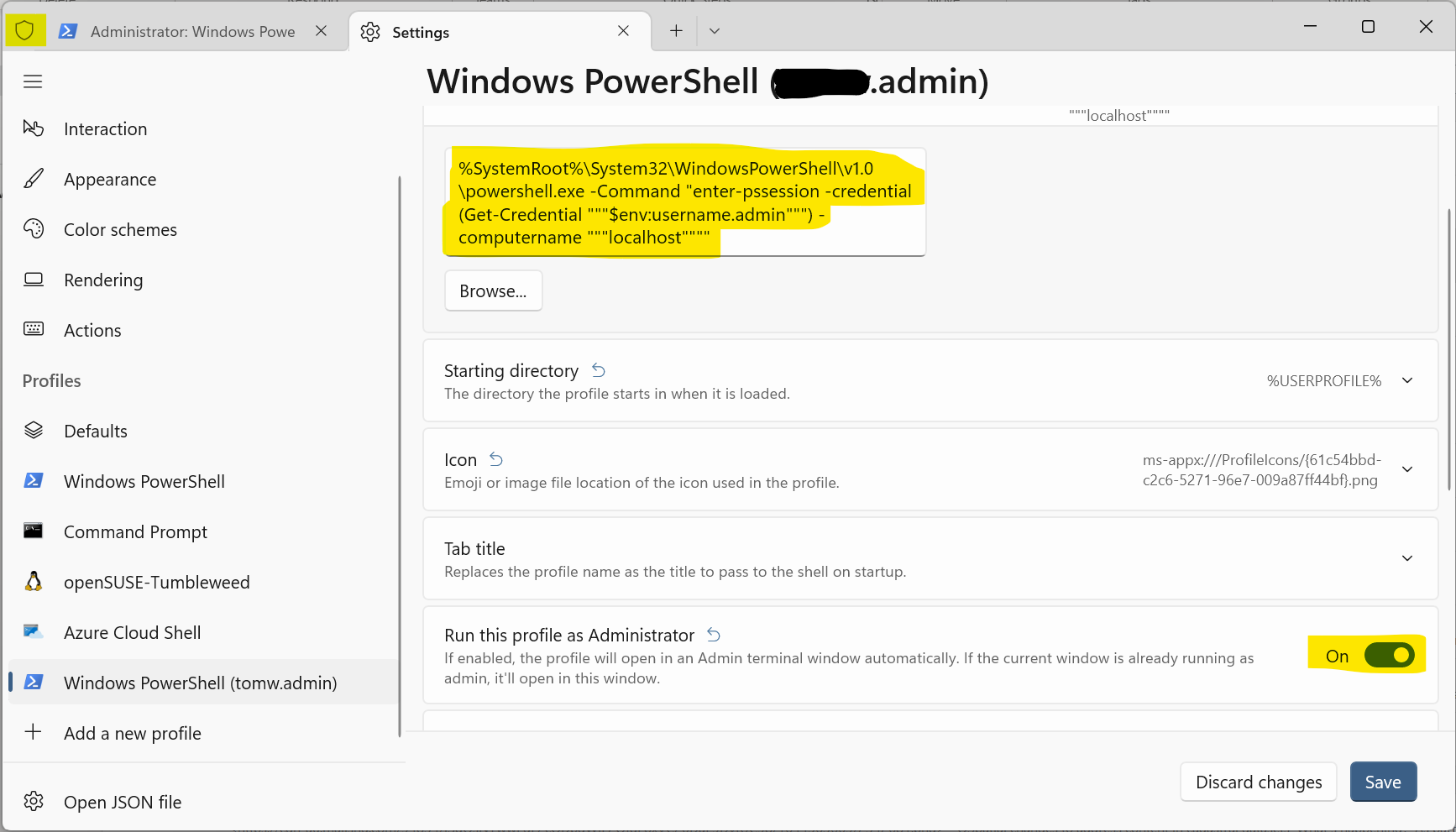 Support windows terminal to be run with different user credentials ...