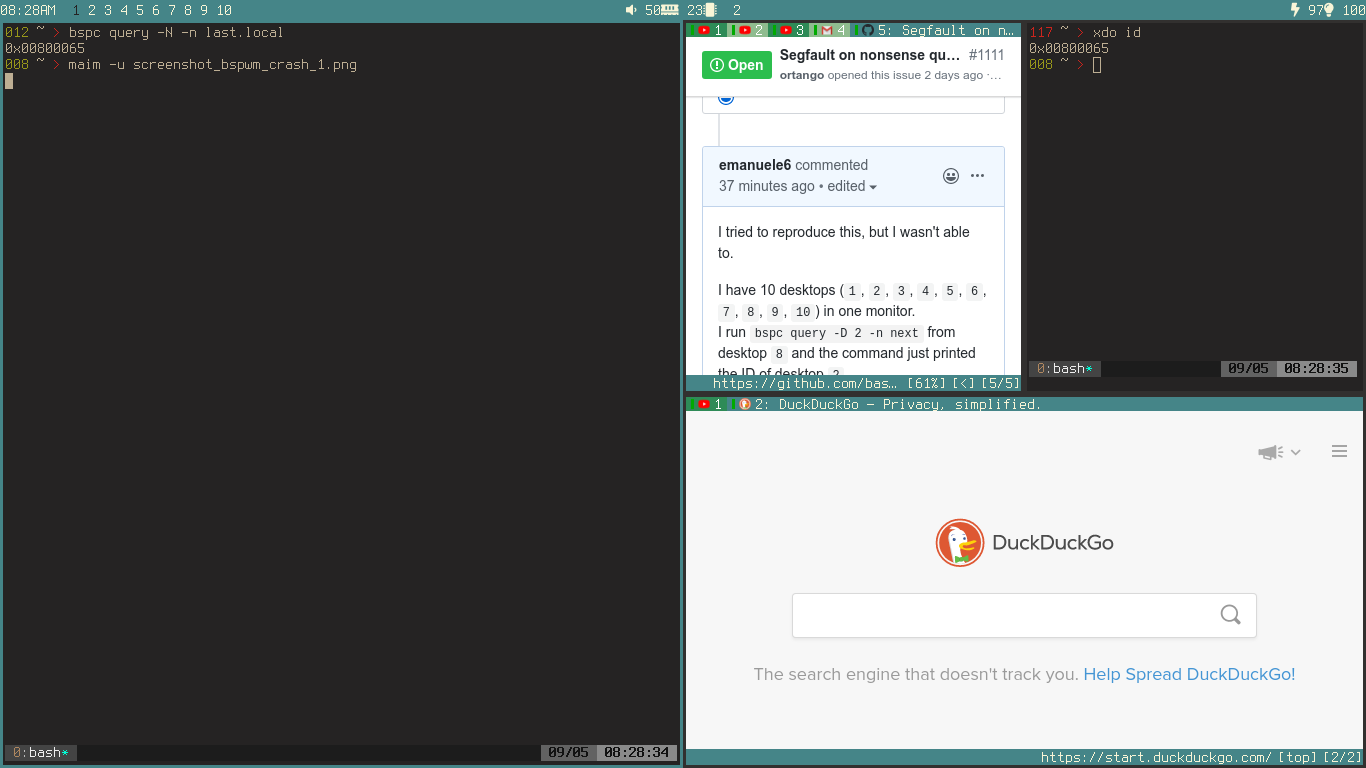 Segfault on nonsense query · Issue #1111 · baskerville/bspwm · GitHub