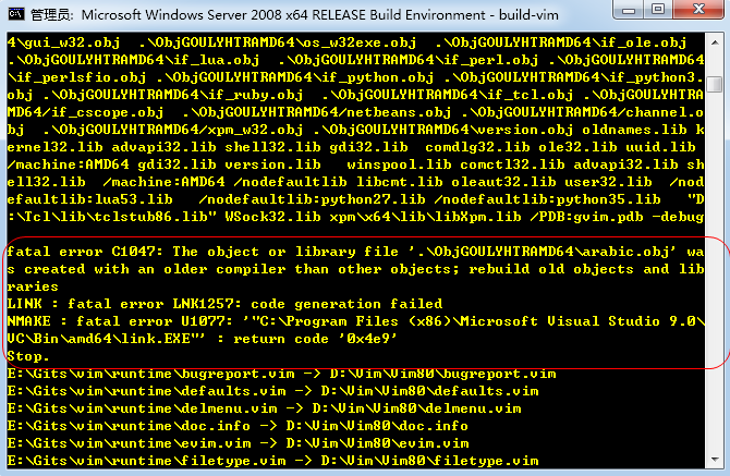 [vim/vim] arabic.obj was created with an older compiler than other ...