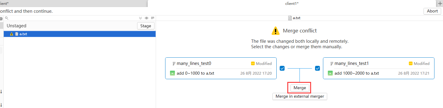 The built-in merge tool will miss some lines at the beginning, if the file has many lines ...