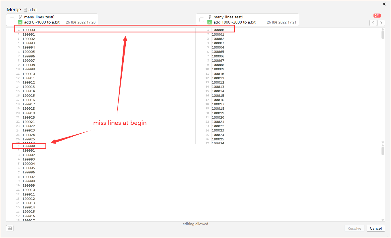 The built-in merge tool will miss some lines at the beginning, if the file has many lines ...