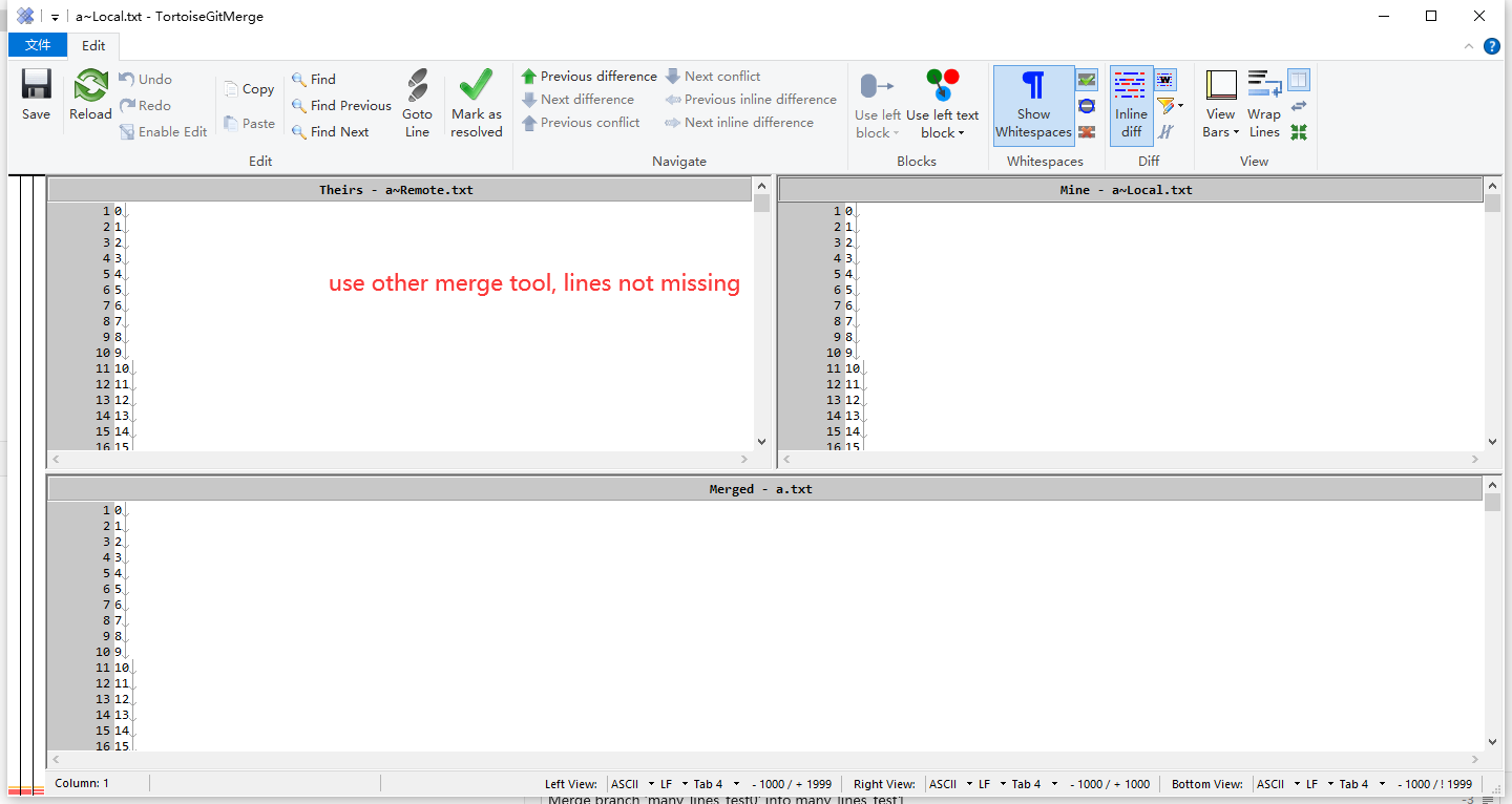 The built-in merge tool will miss some lines at the beginning, if the file has many lines ...