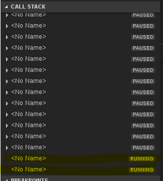 Debugger:[Unstable]Debugger will show threads as 'Running' when they are paused on breakpoint ...
