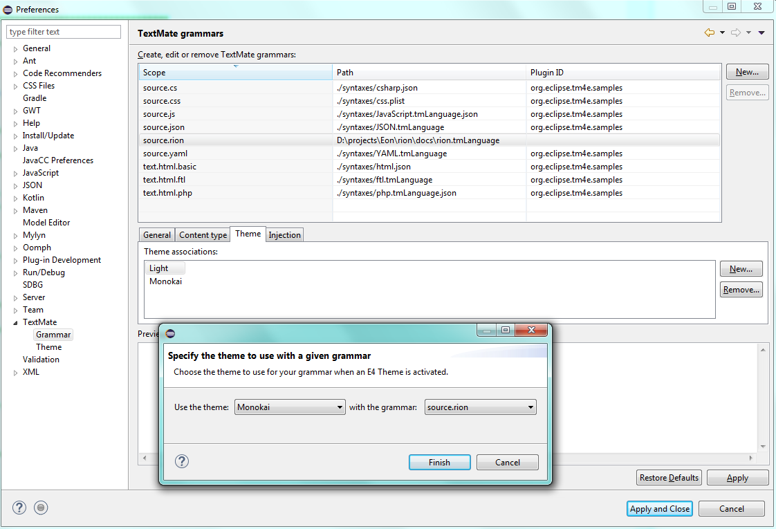 Theme / grammar association via preferences menu requires reload of text editor window · Issue ...