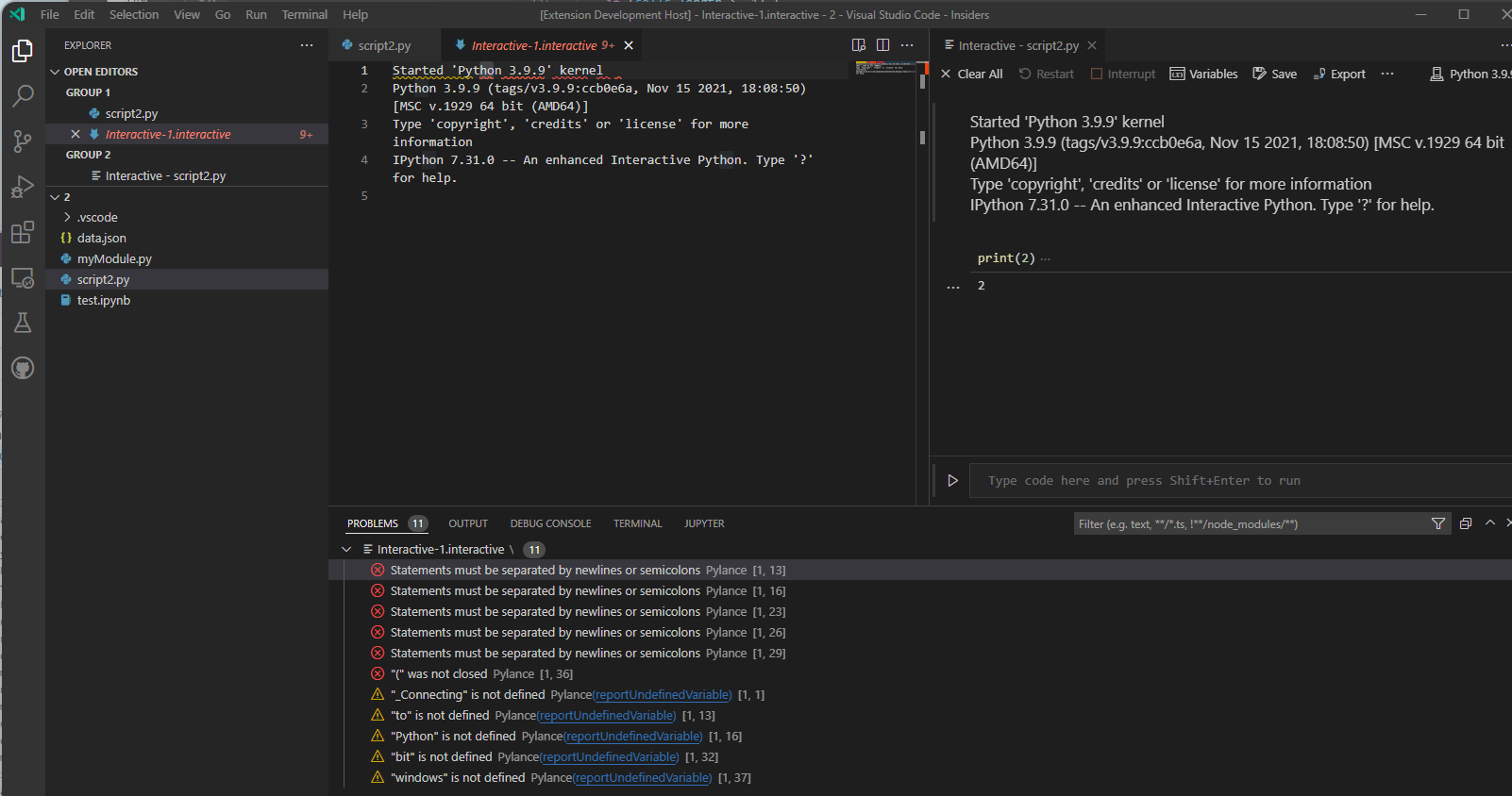 Pylance is attempting to parse interactive window output and showing ...