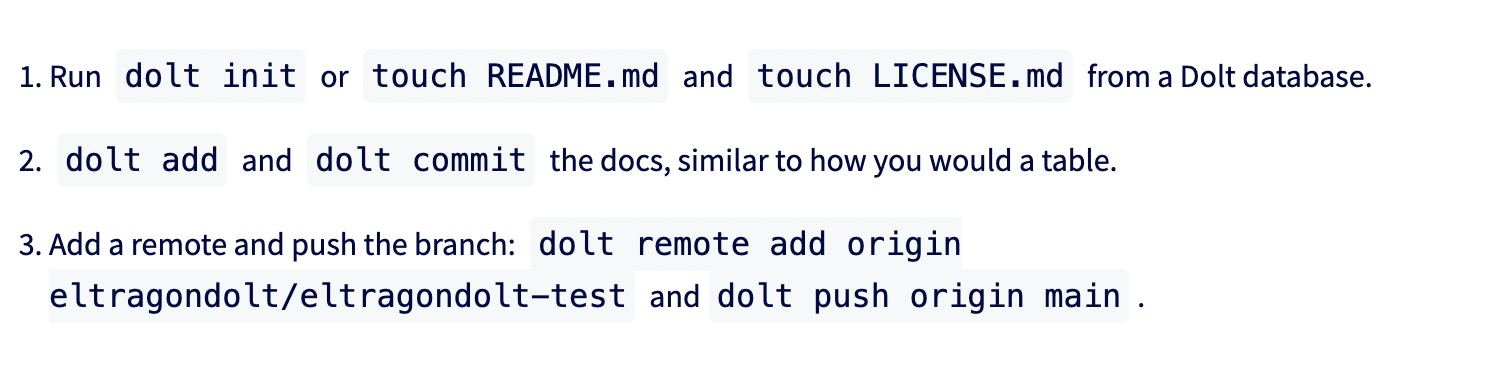 Default docs directions on database page should have copyable code blocks · Issue #292 · dolthub ...