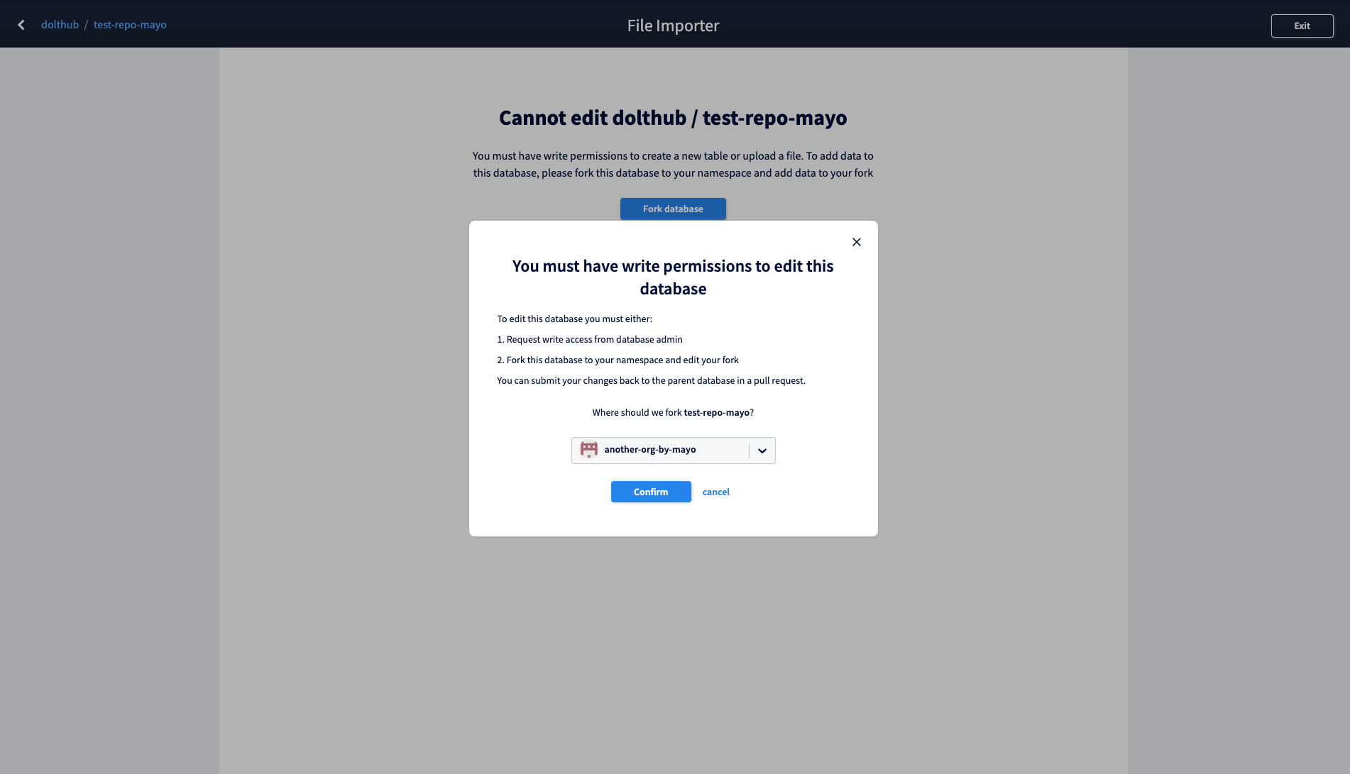 Need to check permissions on fork modal · Issue #358 · dolthub/dolthub-issues · GitHub