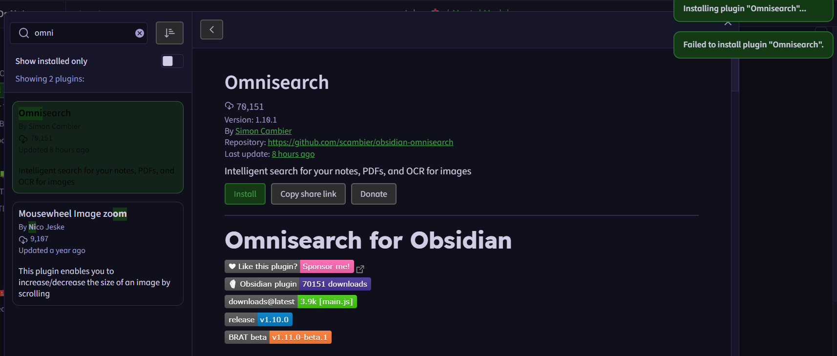 Cannot Update/Install Omni Search after last update[BUG] · Issue #185 · scambier/obsidian ...