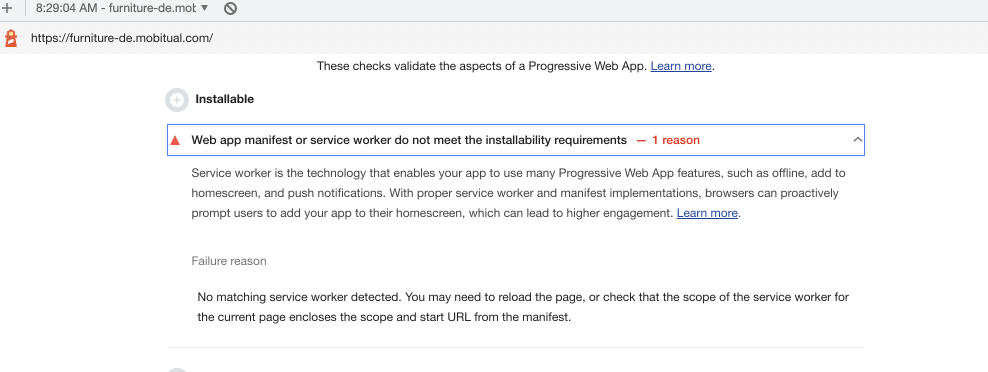 Lighthouse keep giving error "No Matching Service Worker" while PWA audit even when an active ...
