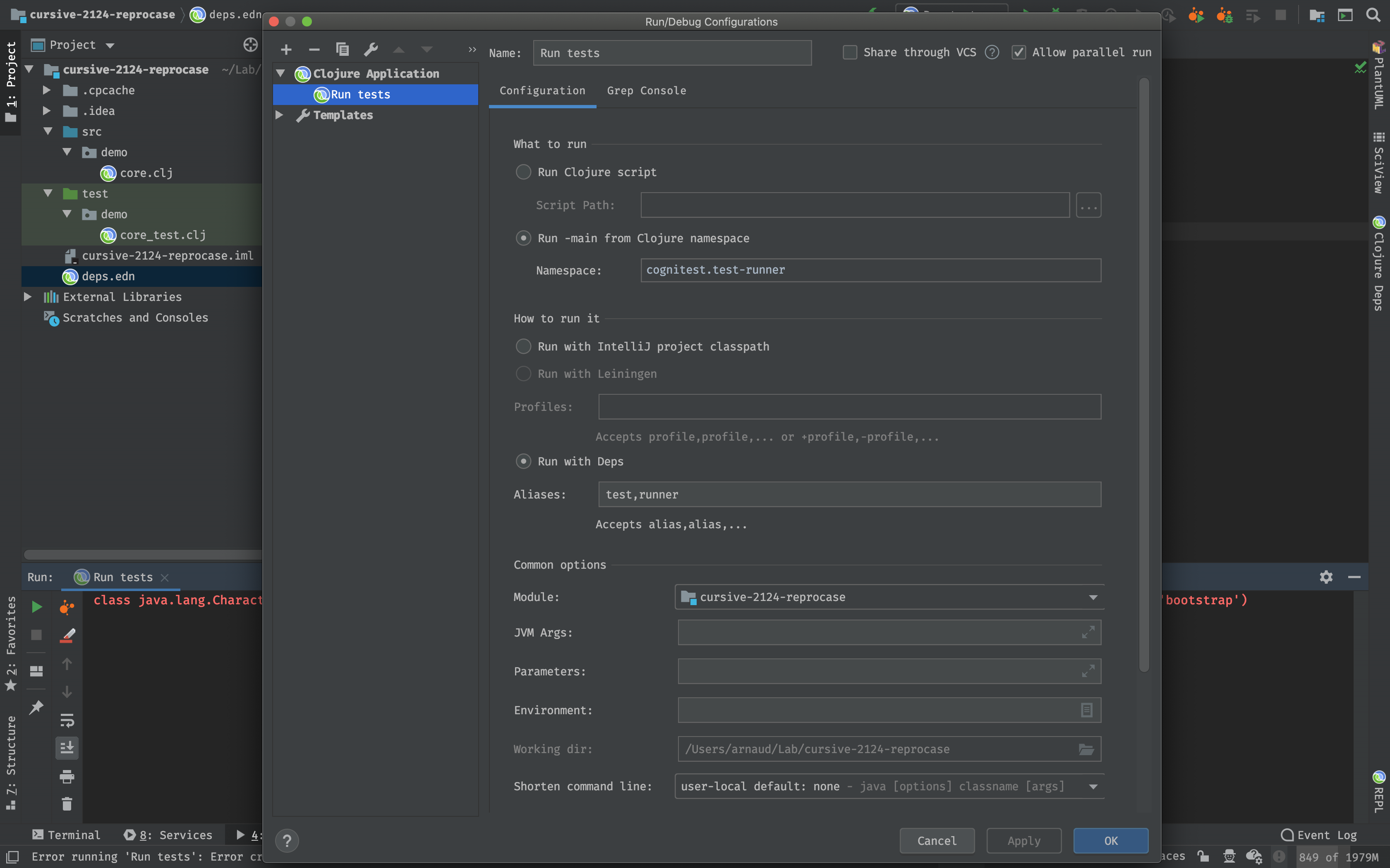 Clojure Application Run Configuration Run With Deps Alias Error · Issue 2124 · Cursive Ide