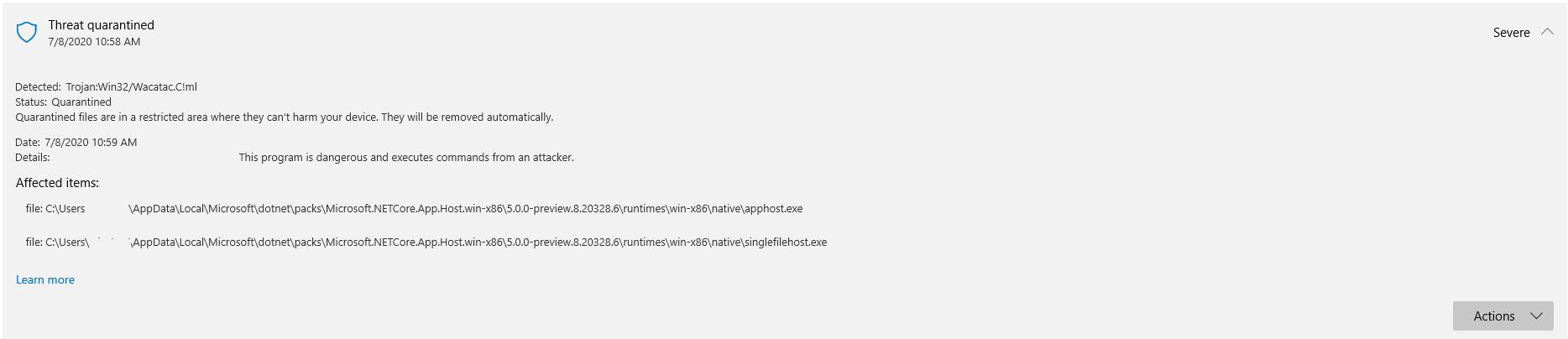 Windows Defender reporting for Trojan:Win32/Wacatac.D!ml when building runtime · Issue #35167 ...