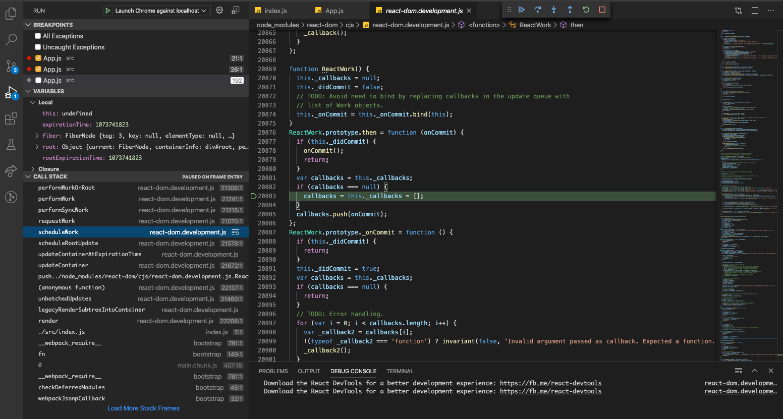 debugger traces back to wrong line while digging in react source code · Issue #487 · microsoft ...