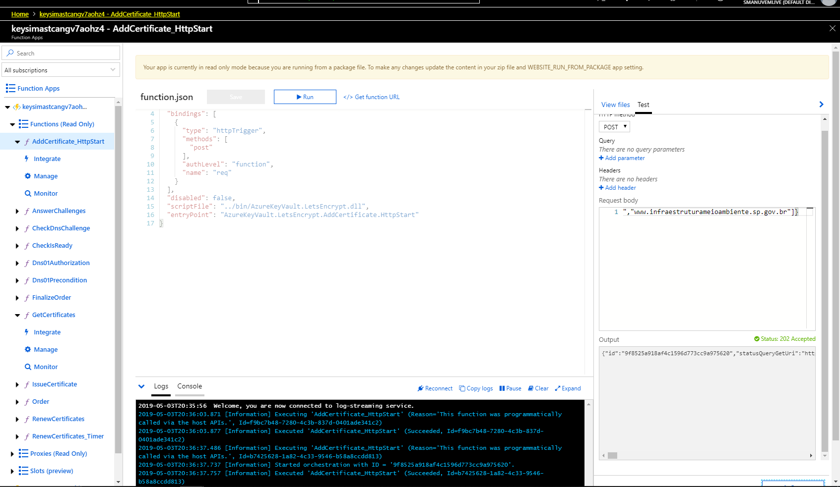 How to disable Read Only mode in Azure Function App · Issue #24 · shibayan/keyvault-acmebot · GitHub