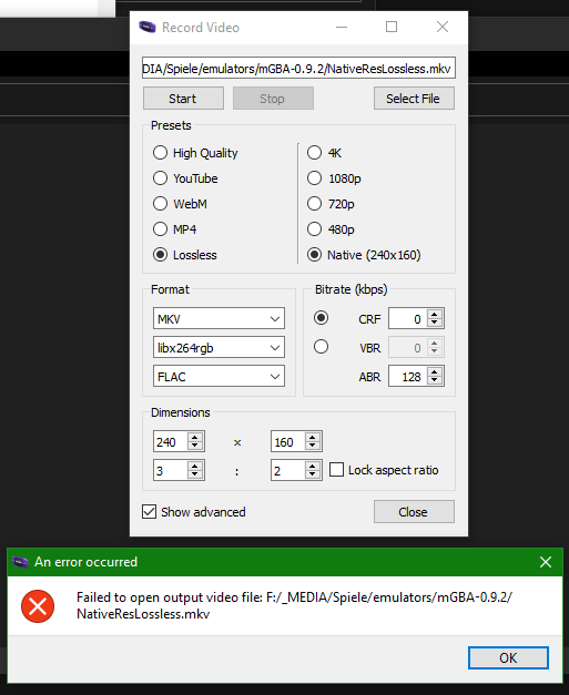 Error when trying to record using the lossless preset · Issue #2286 · mgba-emu/mgba · GitHub