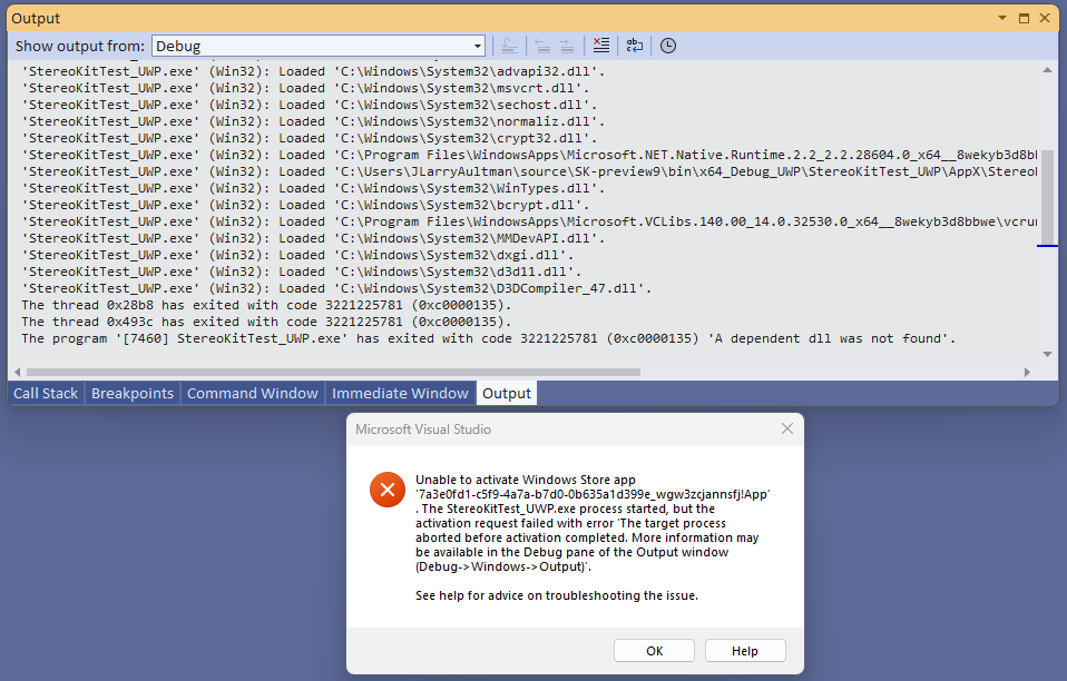 Develop branch: OOB code builds UWP fails to start: A dependent dll was not found. · Issue #681 ...