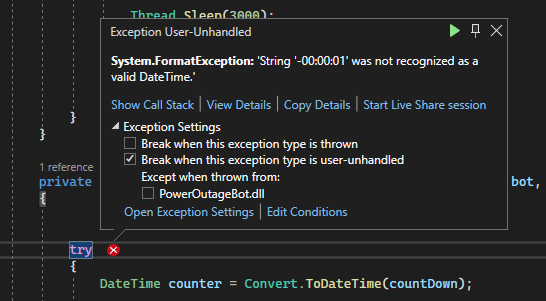 Convert.ToDateTime reports that the error was not handled by the user when using the handler ...