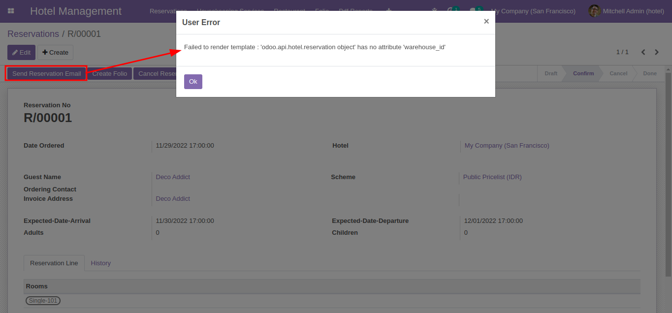Failed to render template : 'odoo.api.hotel.reservation object' has no attribute 'warehouse_id ...