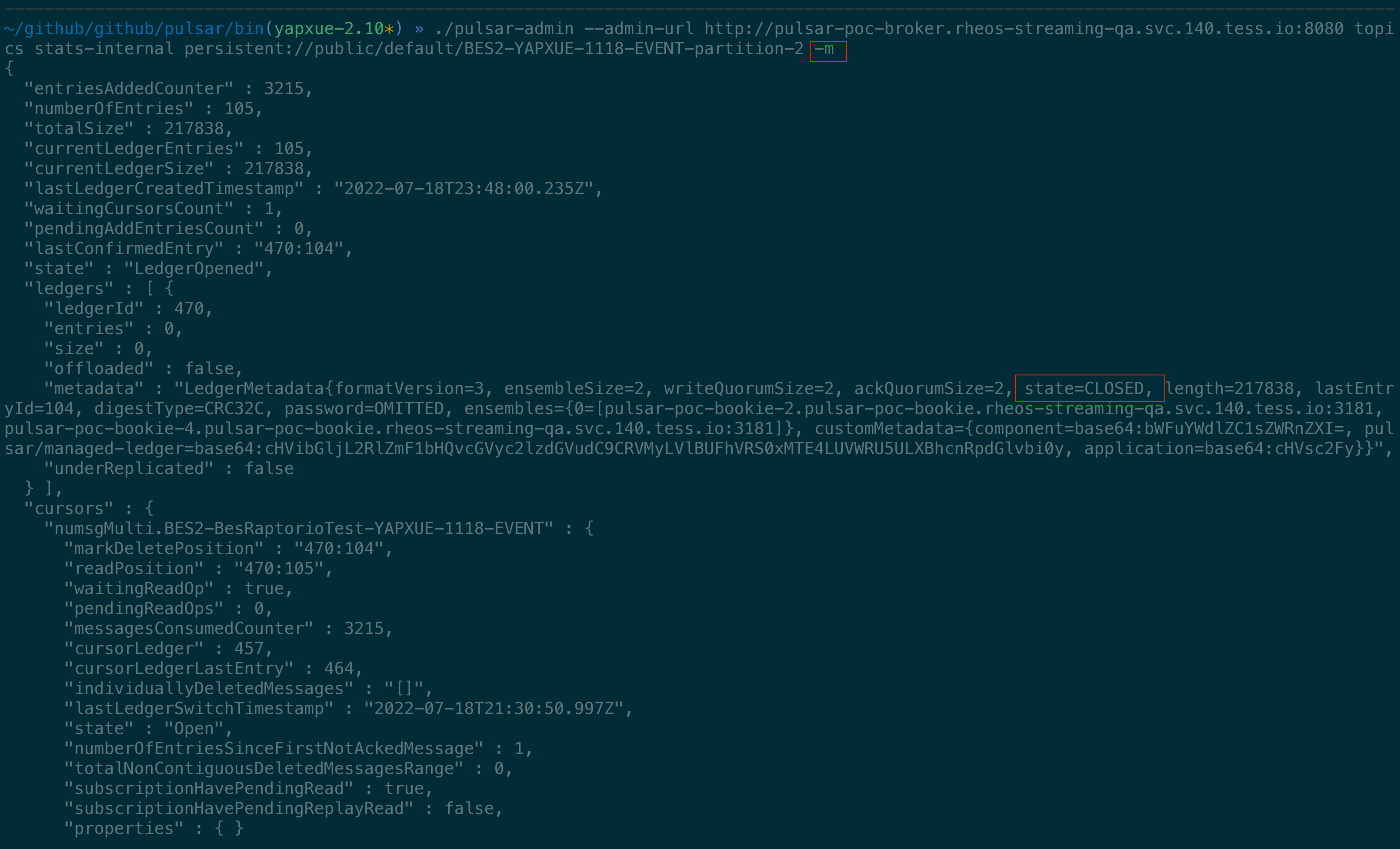 pulsar admin tool stats-internal with option -m can cause active ledger ...