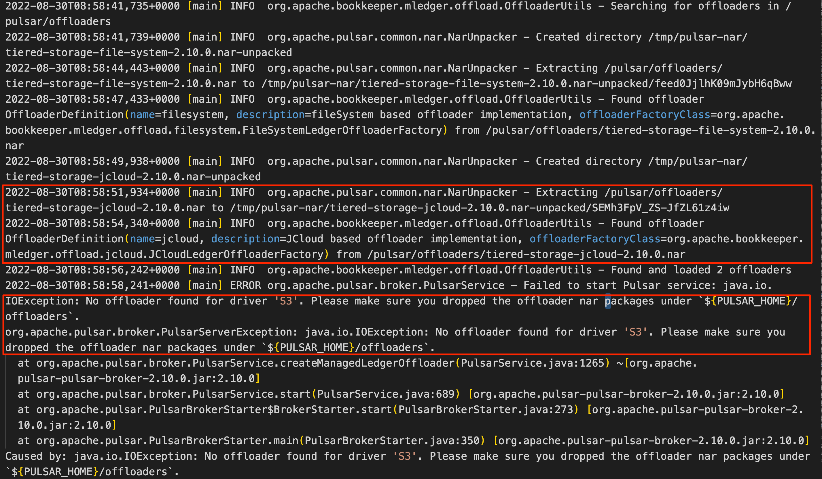 [Bug] cannot import S3 offloader even tiered-storage-jcloud-2.10.0.nar is put in offloader ...