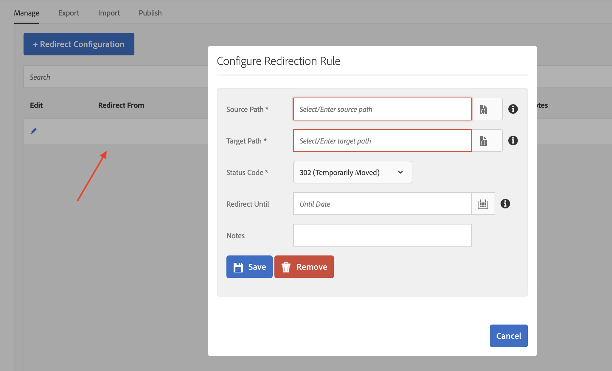 Redirect Manager - possible to create an entry with empty source and/or ...