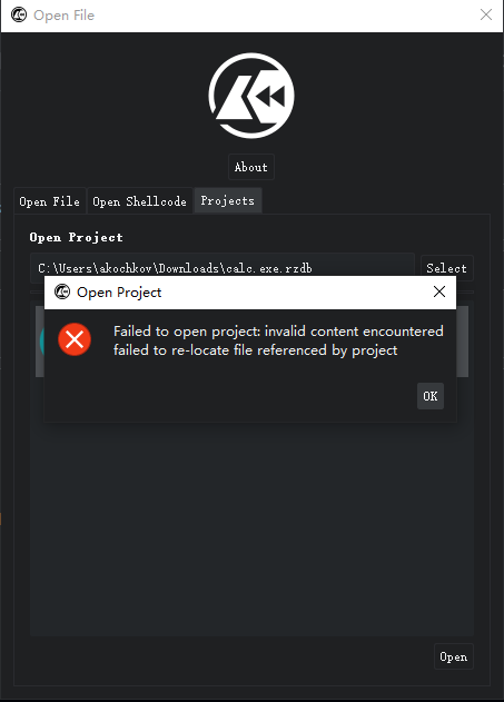 Fail to open project with the error "Failed to open project: invalid content encountered failed ...