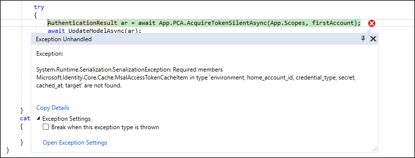 [handled] SerializationException within AcquireTokenSilentAsync when updating from Msal 1.x to ...