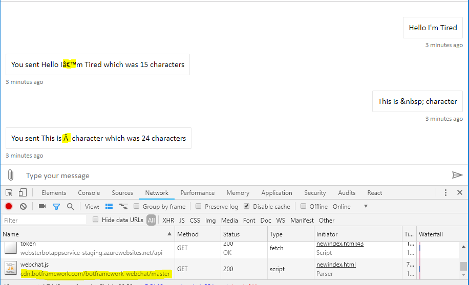 Update charset of webchat.js in all samples · Issue #1071 · microsoft/BotFramework-WebChat · GitHub