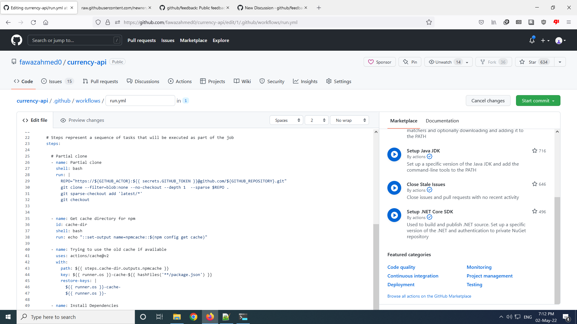 Showing partial file while trying to edit github actions yml file ...