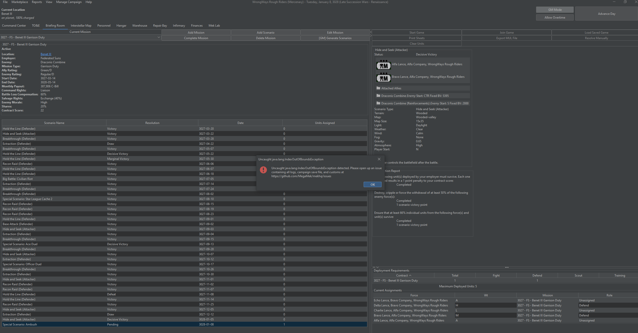 IndexOutofBoundsException - MekHQ after deploying single unit for ...