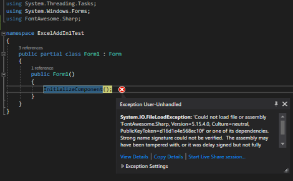 Cannot add reference to FontAwesome.Sharp at run time of excel-VSTO add ...