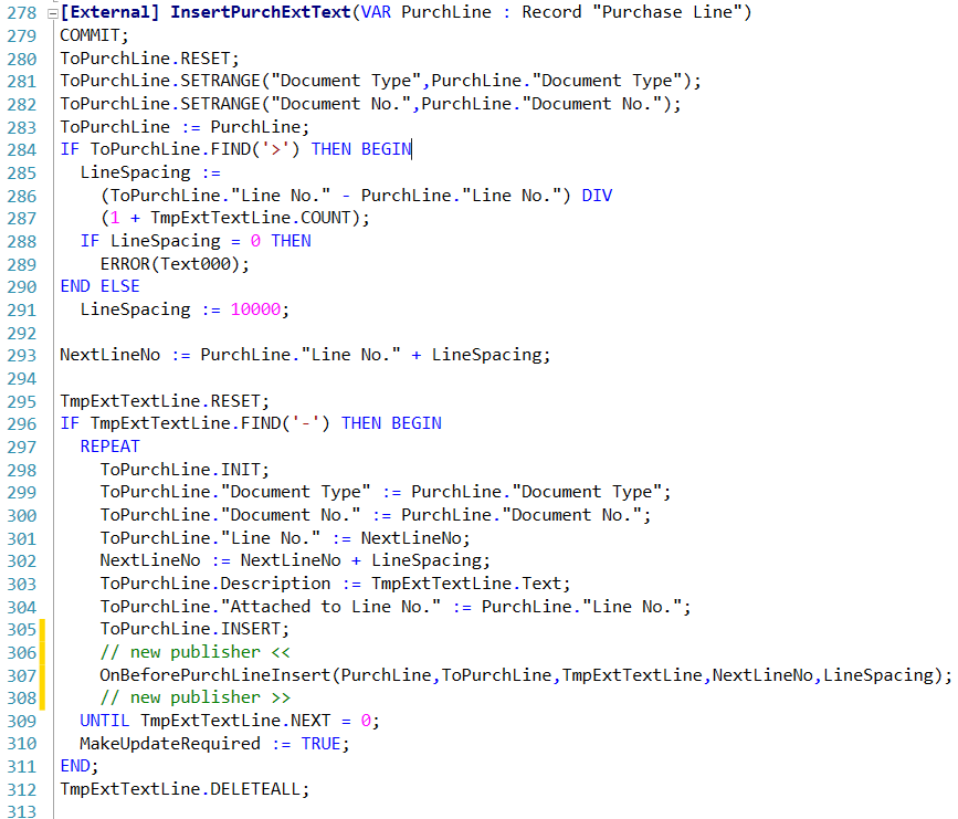 New publisher request in codeunit 378 Transfer Extended Text in function InsertPurchExtText ...