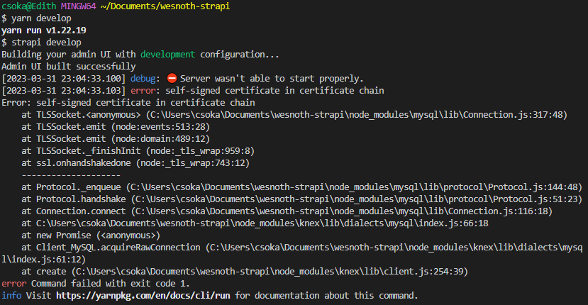 Version 4.9 throws "self-signed certificate in certificate chain" error · Issue #16269 · strapi ...