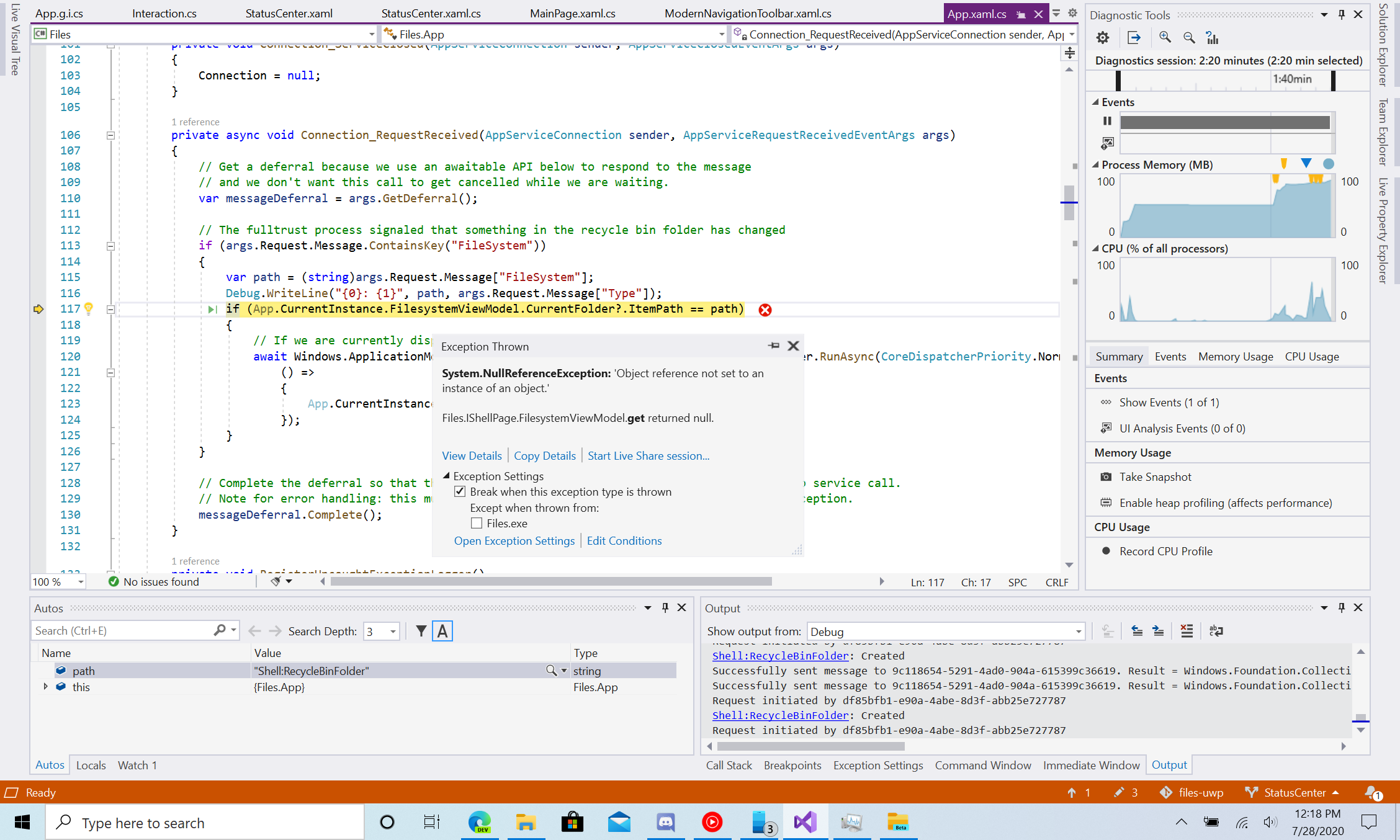 Recycling multiple files, and switching to another tab results in an ...