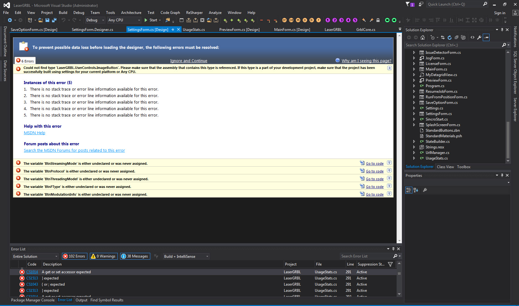 Displays a large number of program source errors when running by Visual ...