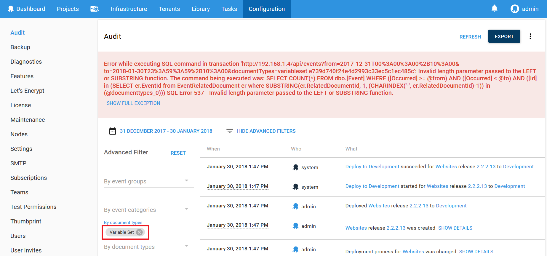 Audit Log document type filter doesn't work · Issue #4218 · OctopusDeploy/Issues · GitHub